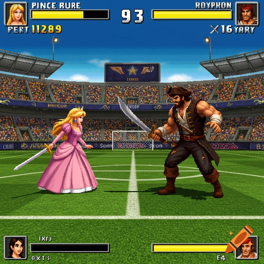 PS1 3D fighting game: princess vs. pirate in soccer arena on Craiyon