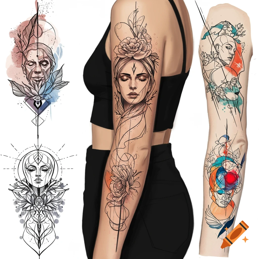 Stylized tattoo designs with faces, flowers, and geometric shapes in ...