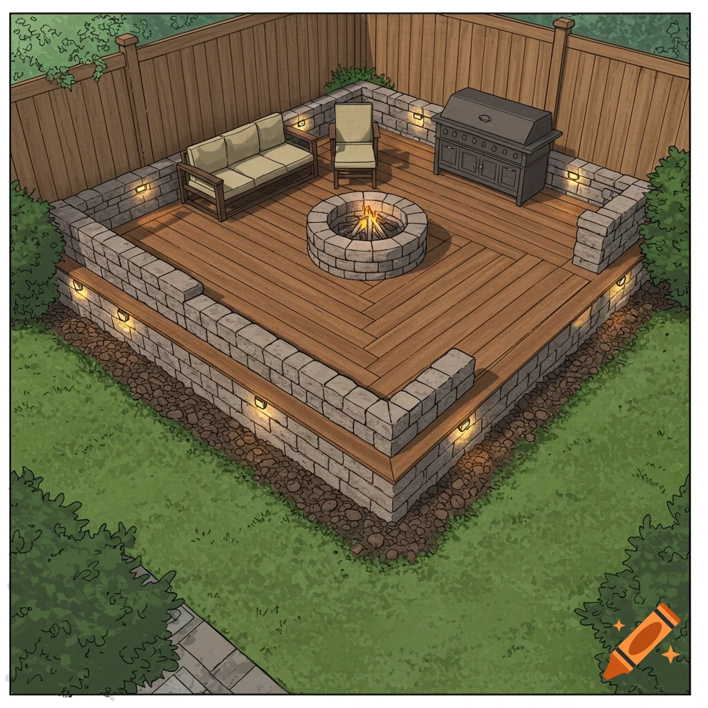 Top-down sketch of a 25'x25' deck with river rock skirt and fire pit on ...