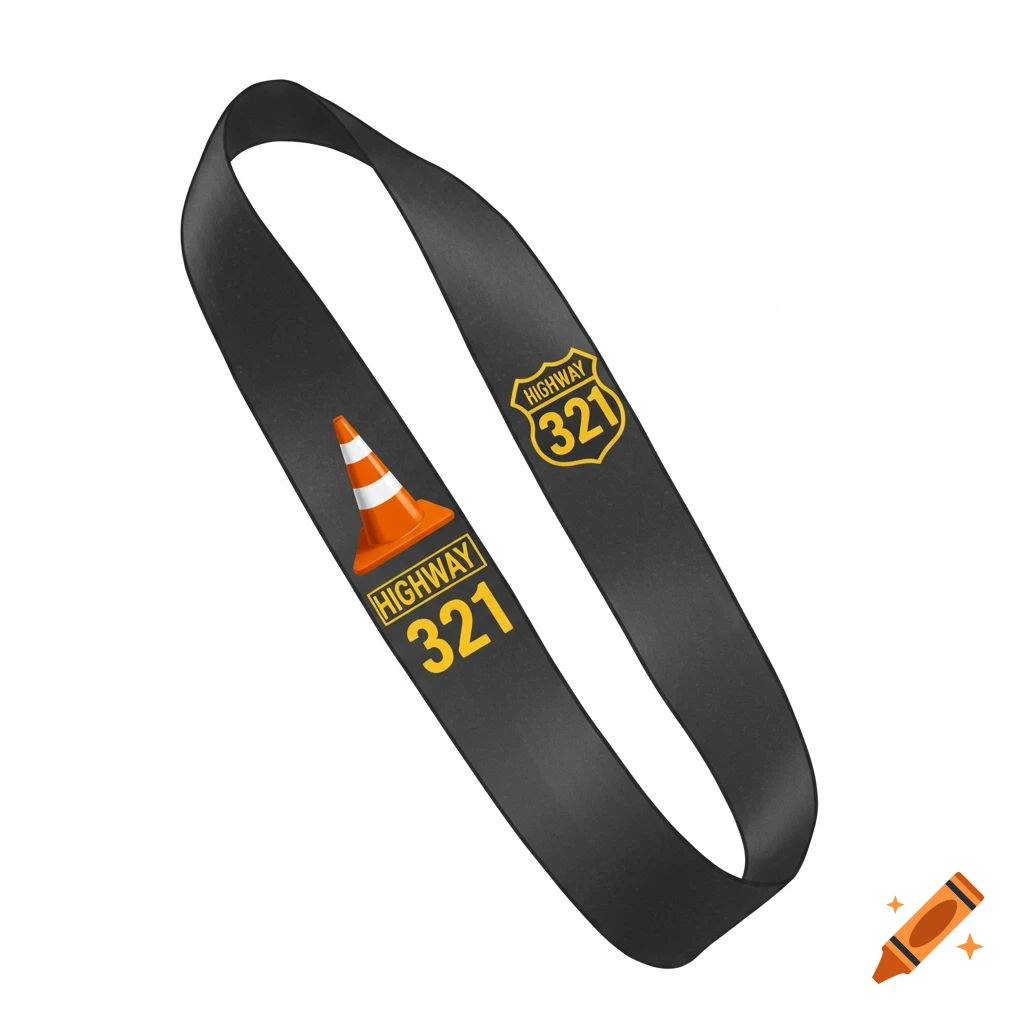 Dark gray lanyard with a black traffic cone and 'highway 321' in yellow ...