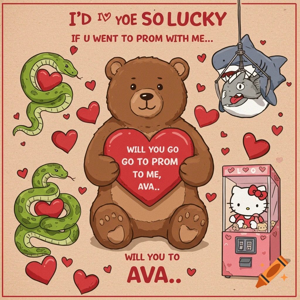 Hand-drawn prom invitation poster with a bear, hearts, snakes, Hello ...