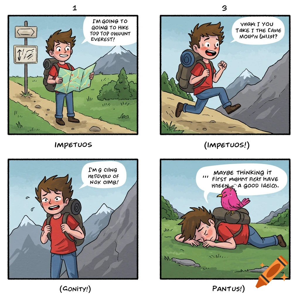 Comic illustrating the meaning of impetuous on Craiyon