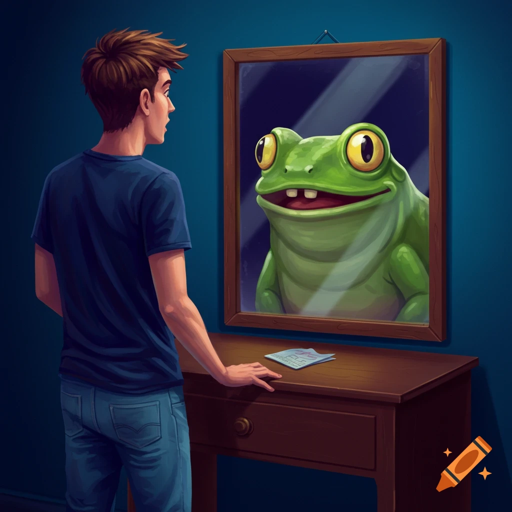 Painterly illustration of a man looking in a mirror, seeing a fish ...