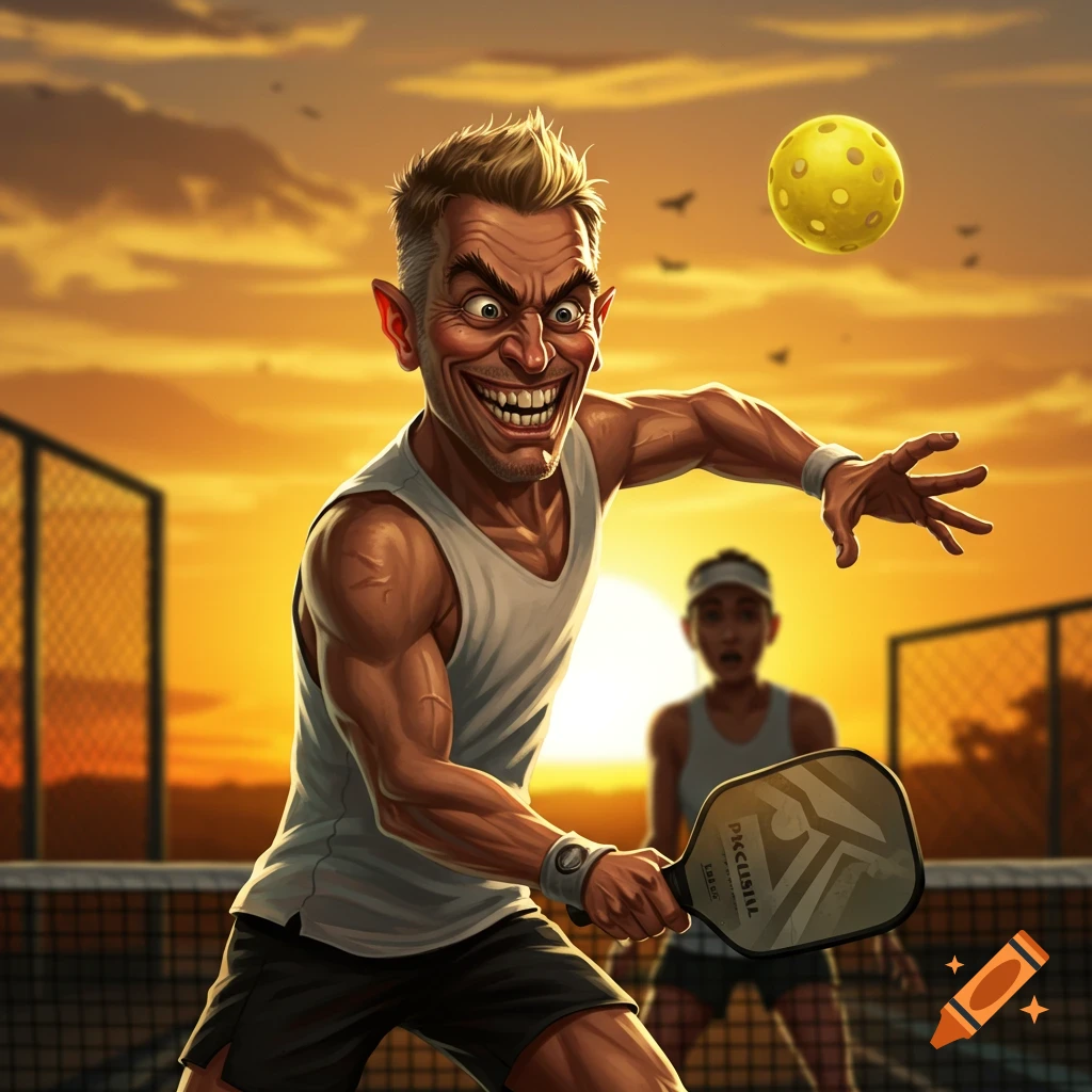 Exaggerated man in caricature style playing pickleball at sunset. on Craiyon