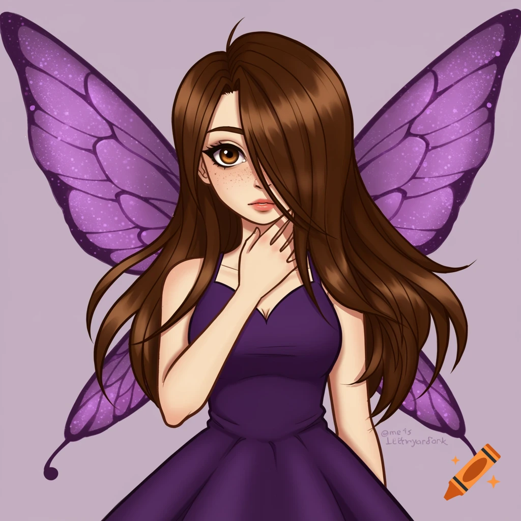 Girl with brown hair, purple dress and fairy wings in anime style. One ...