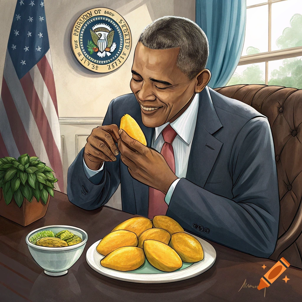 Illustration of Barack Obama eating mangoes at a desk in an office. on ...