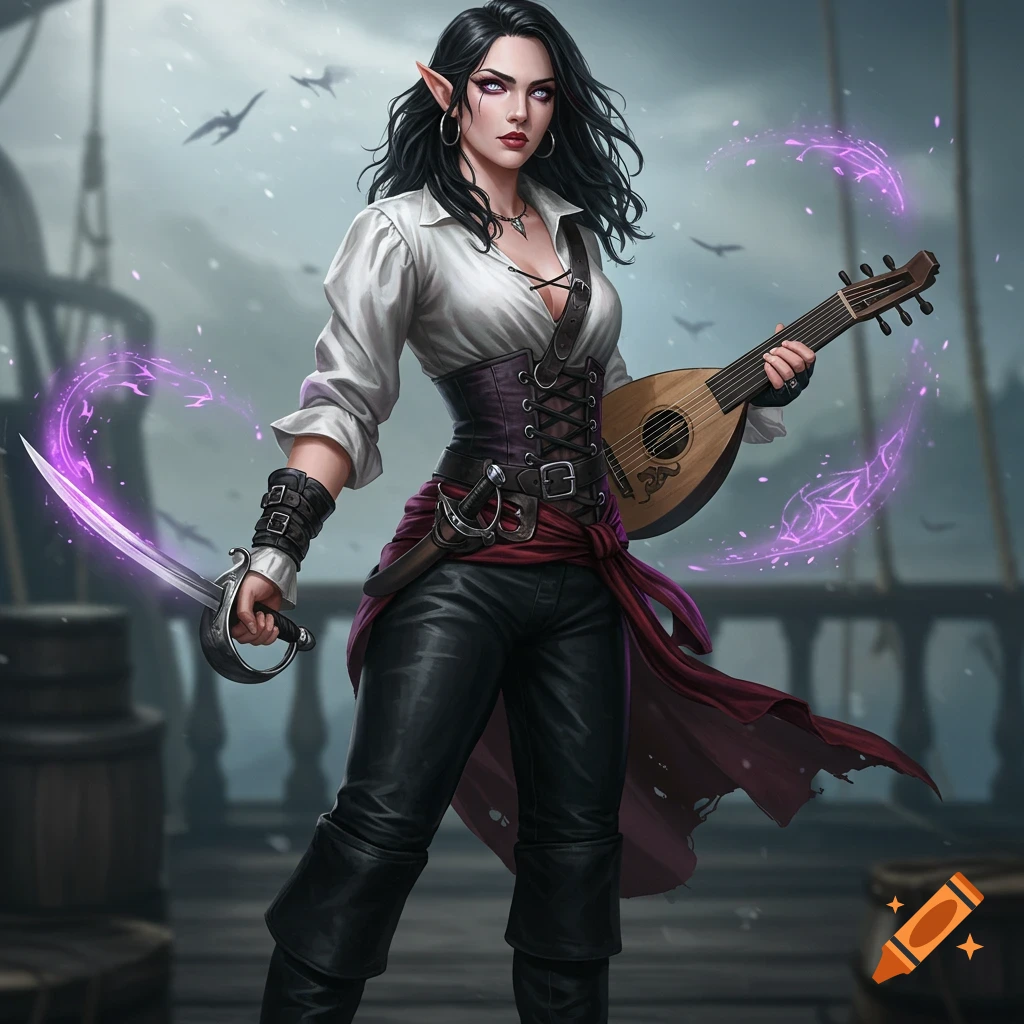 Elf pirate with black hair, purple eyes, corset, leather pants, and ...
