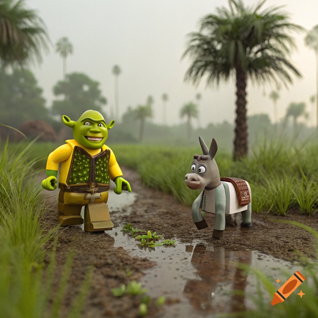 Lego figures of Shrek and Donkey stand on a muddy path in a swamp with ...