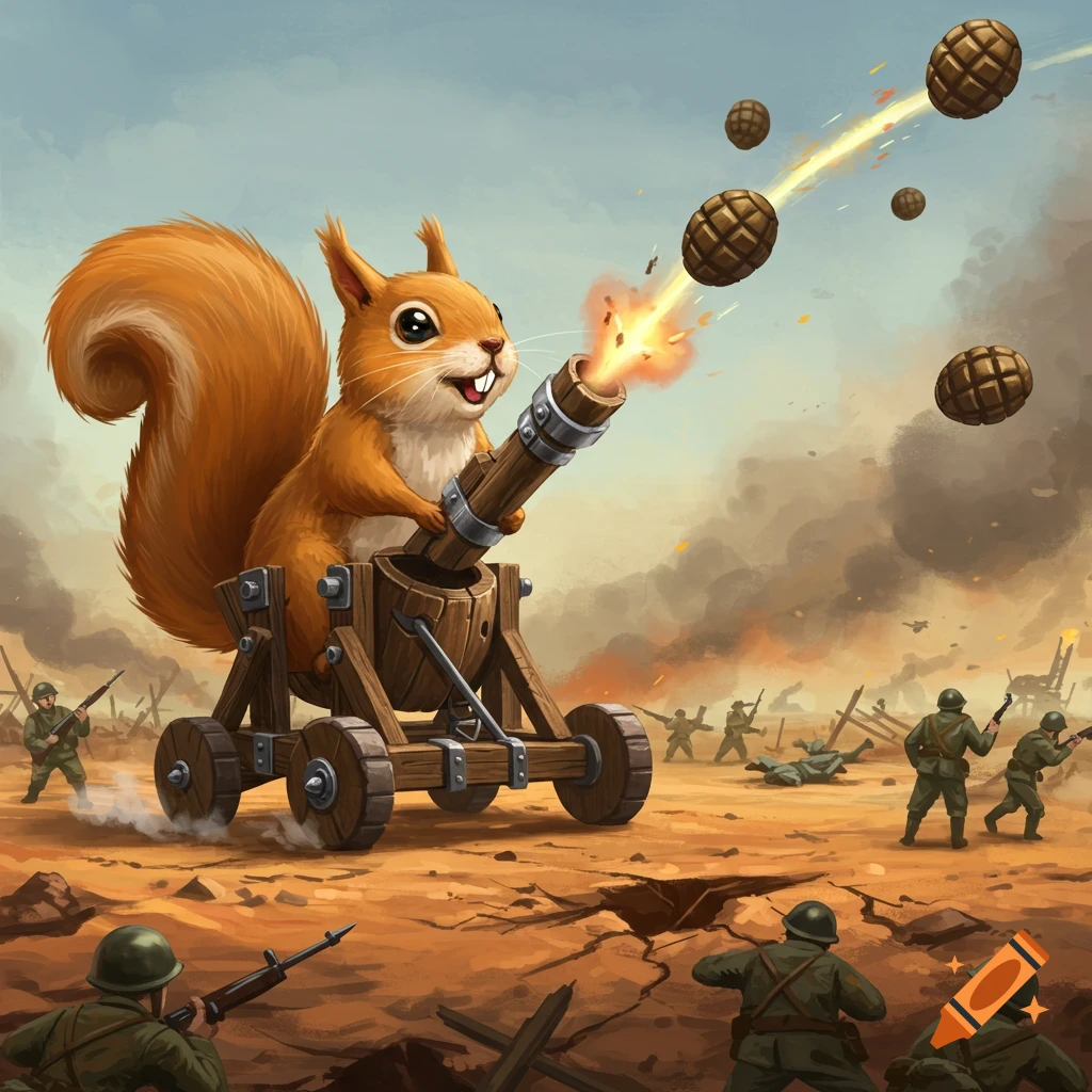 Squirrel-faced catapult launching grenade nuts on battlefield on Craiyon