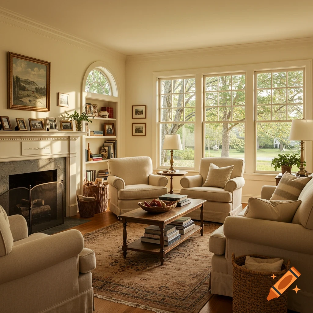 A bright, sunlit living room with a fireplace, couch, coffee table, and ...