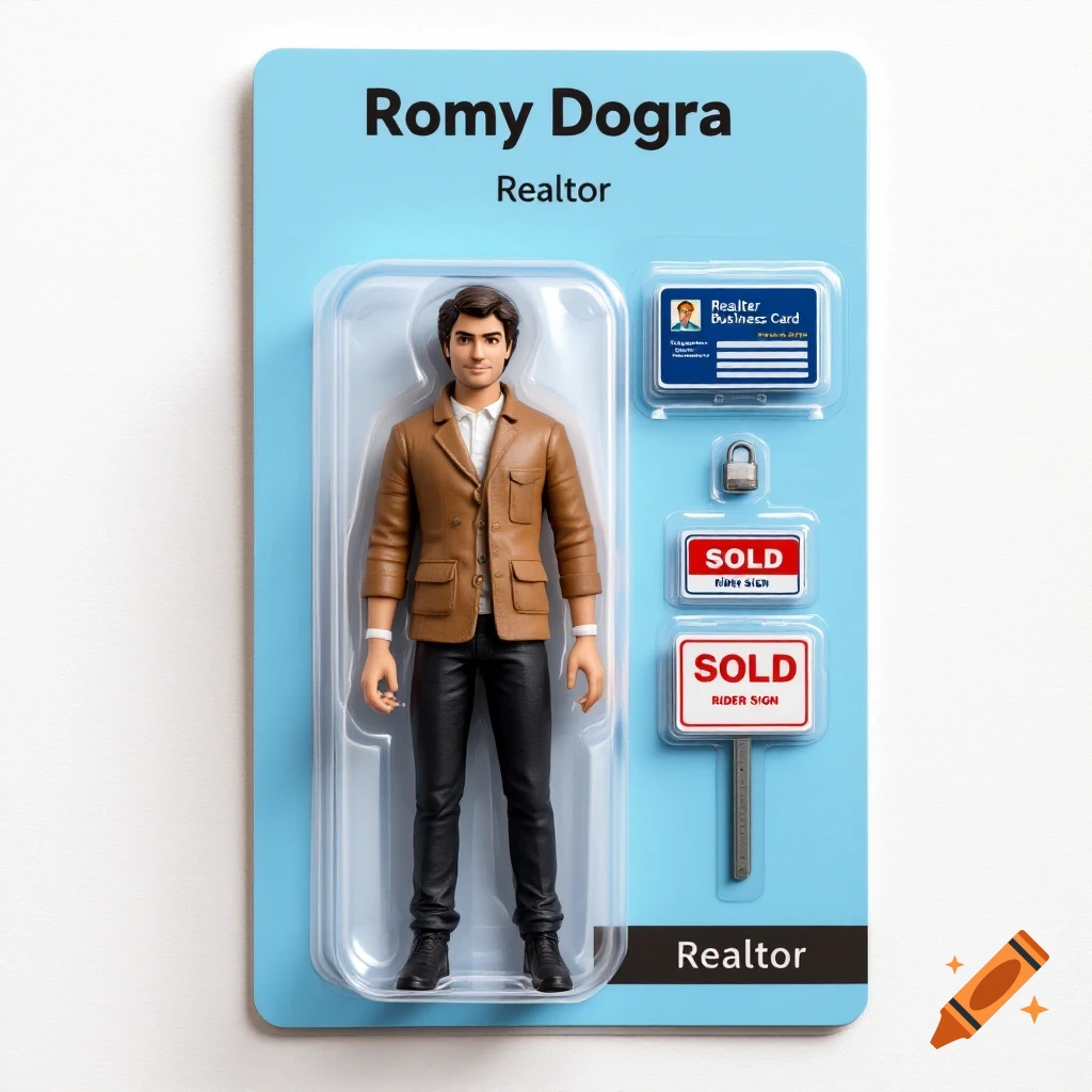 Action figure of a realtor with accessories in blister packs on light ...