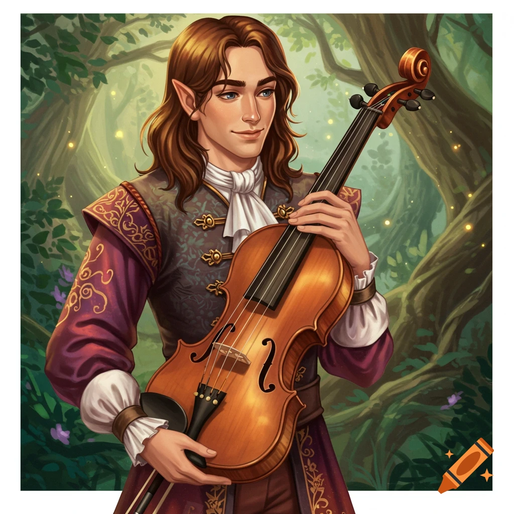 A fantasy illustration of a smiling male elf bard in ornate purple ...