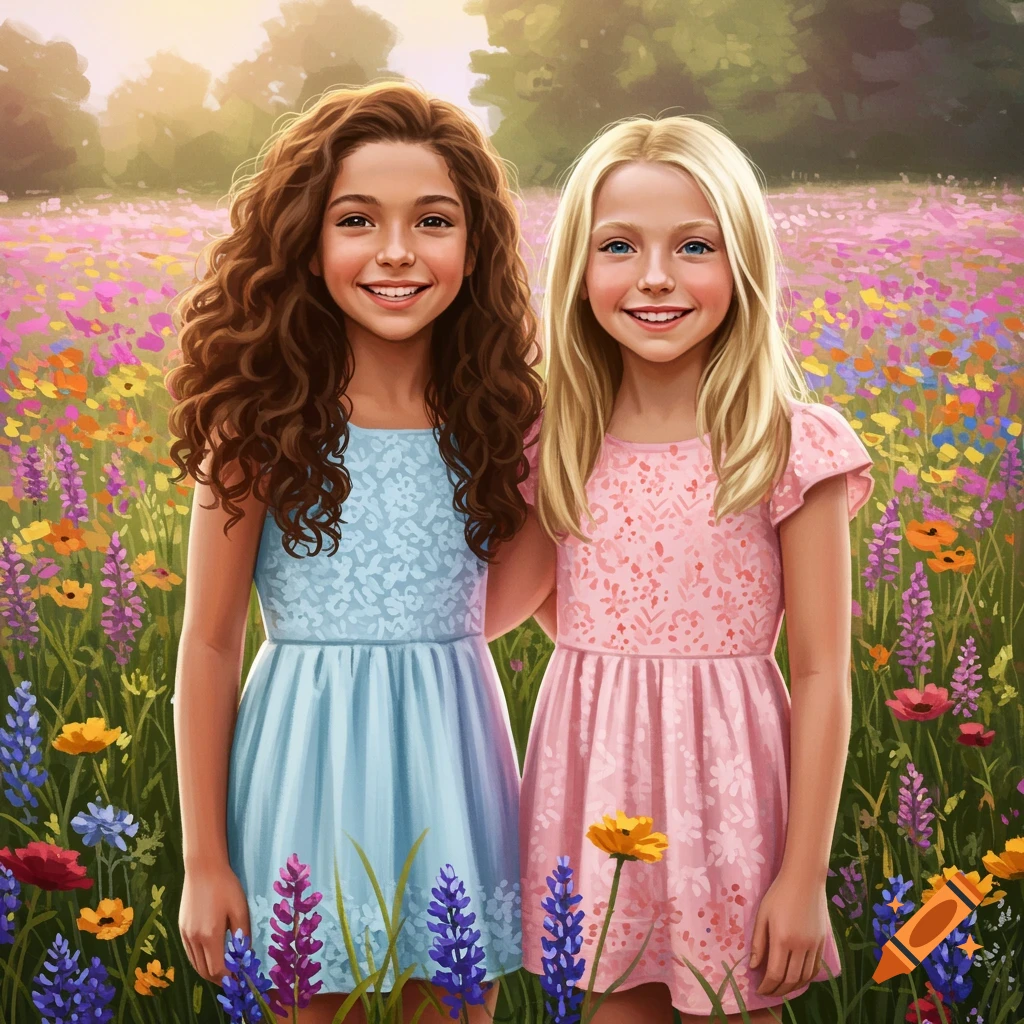 Two smiling young girls in a field of wildflowers. on Craiyon