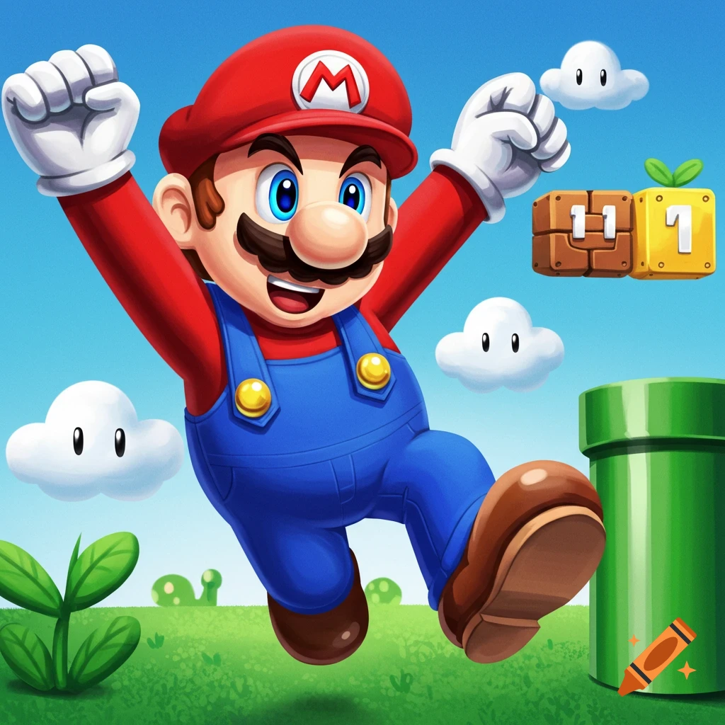 Mario leaps in a vibrant Super Mario Bros. landscape with iconic blocks ...