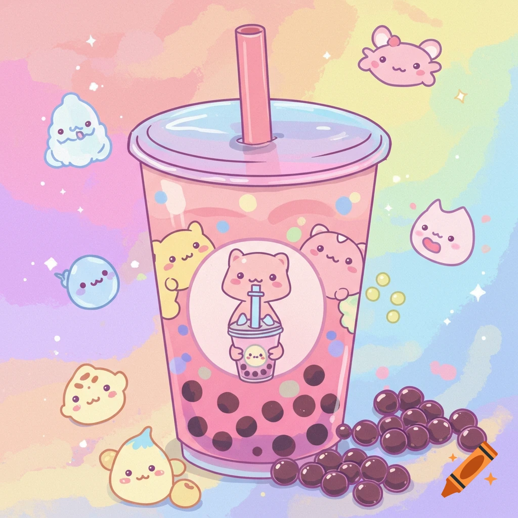 Kawaii image of a large boba tea cup surrounded by small cute ...