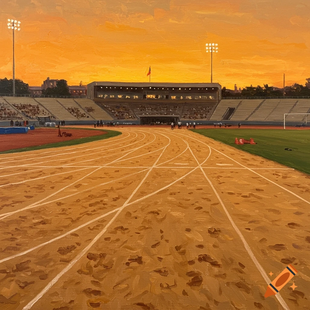 Oil painting of a sandy running track in a stadium at late afternoon ...