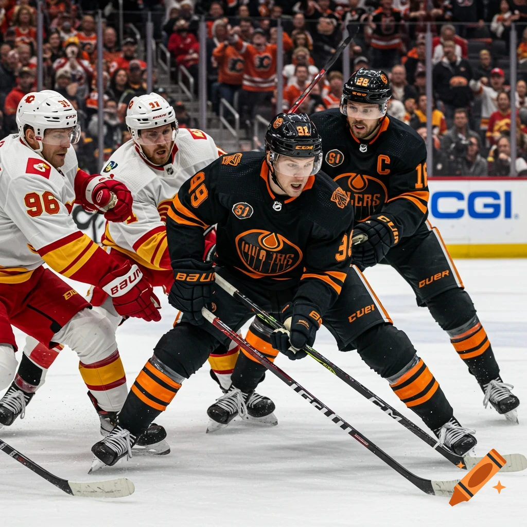 Oilers vs Flames painting in dark uniforms on Craiyon
