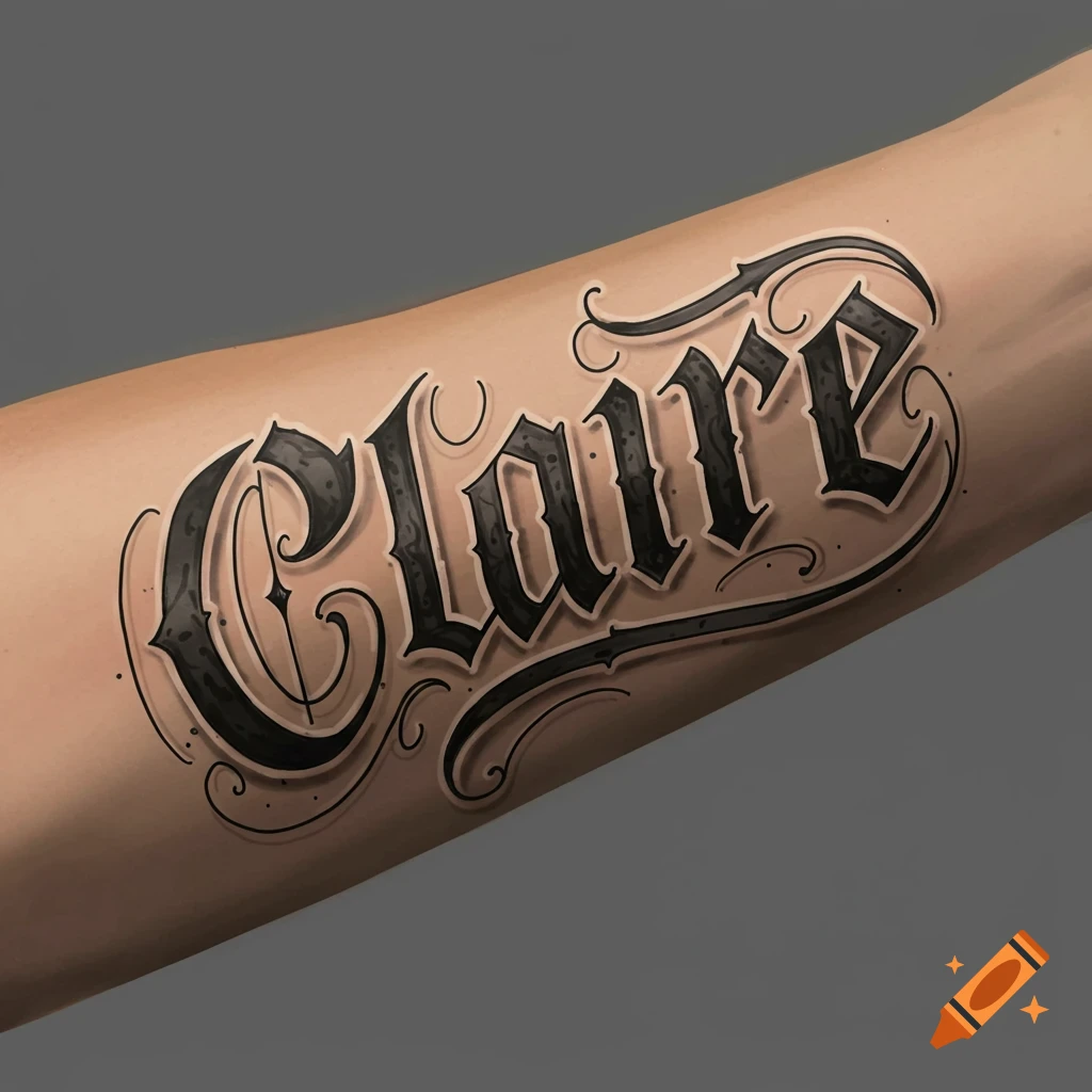 A blackletter style tattoo of the name Claire on an arm. on Craiyon