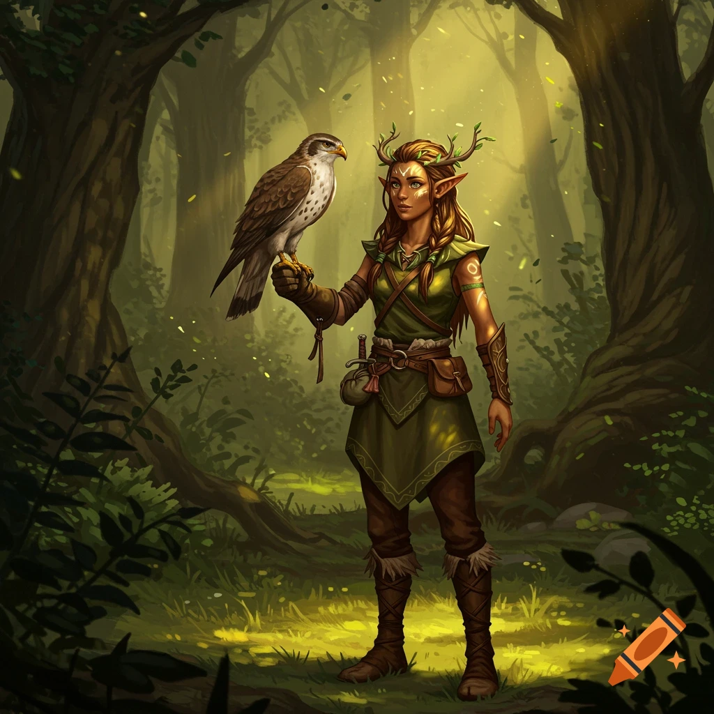 Female elf druid with a hawk in a sun-dappled forest, fantasy art. on Craiyon