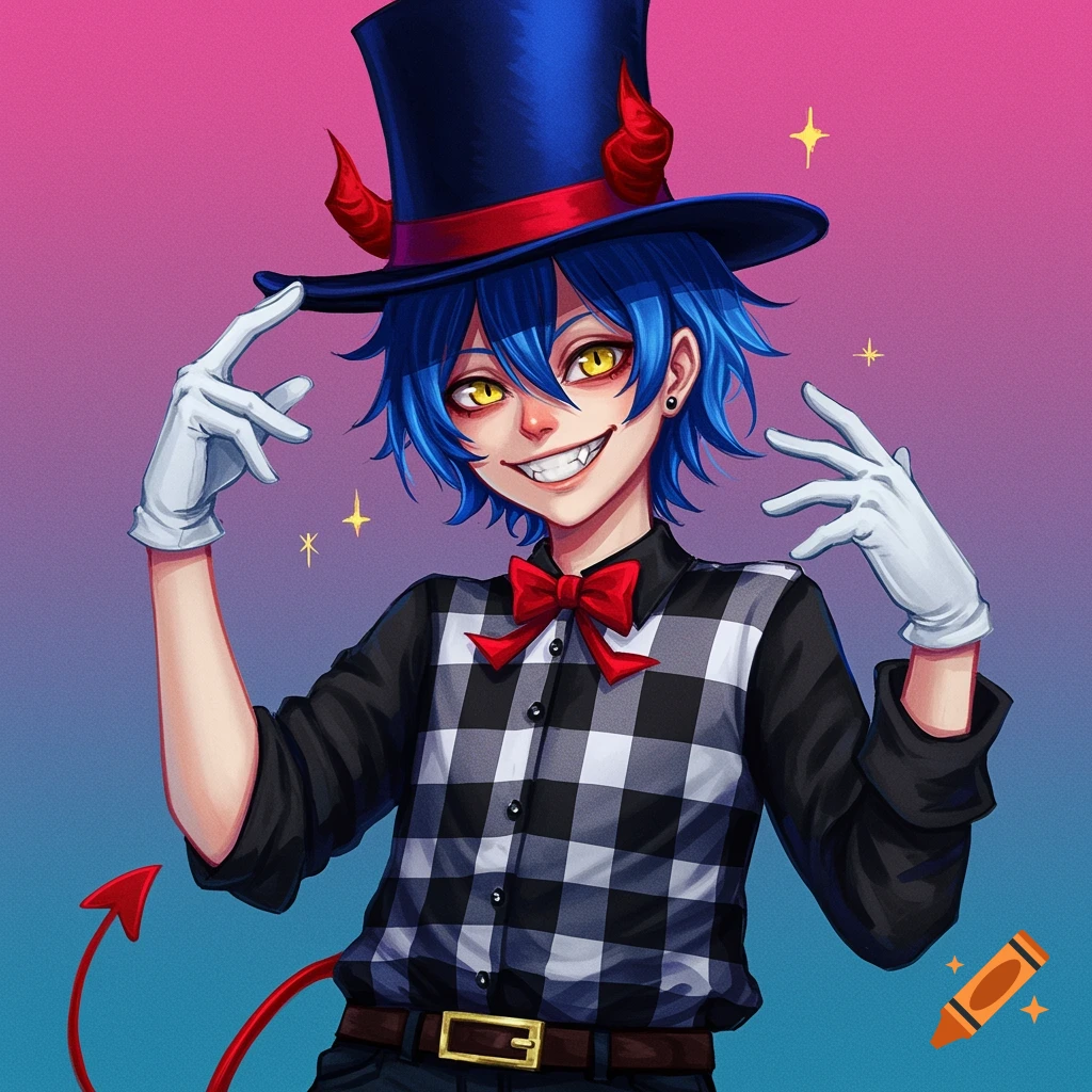 A character with blue hair, devil horns, yellow eyes, sharp teeth, a ...