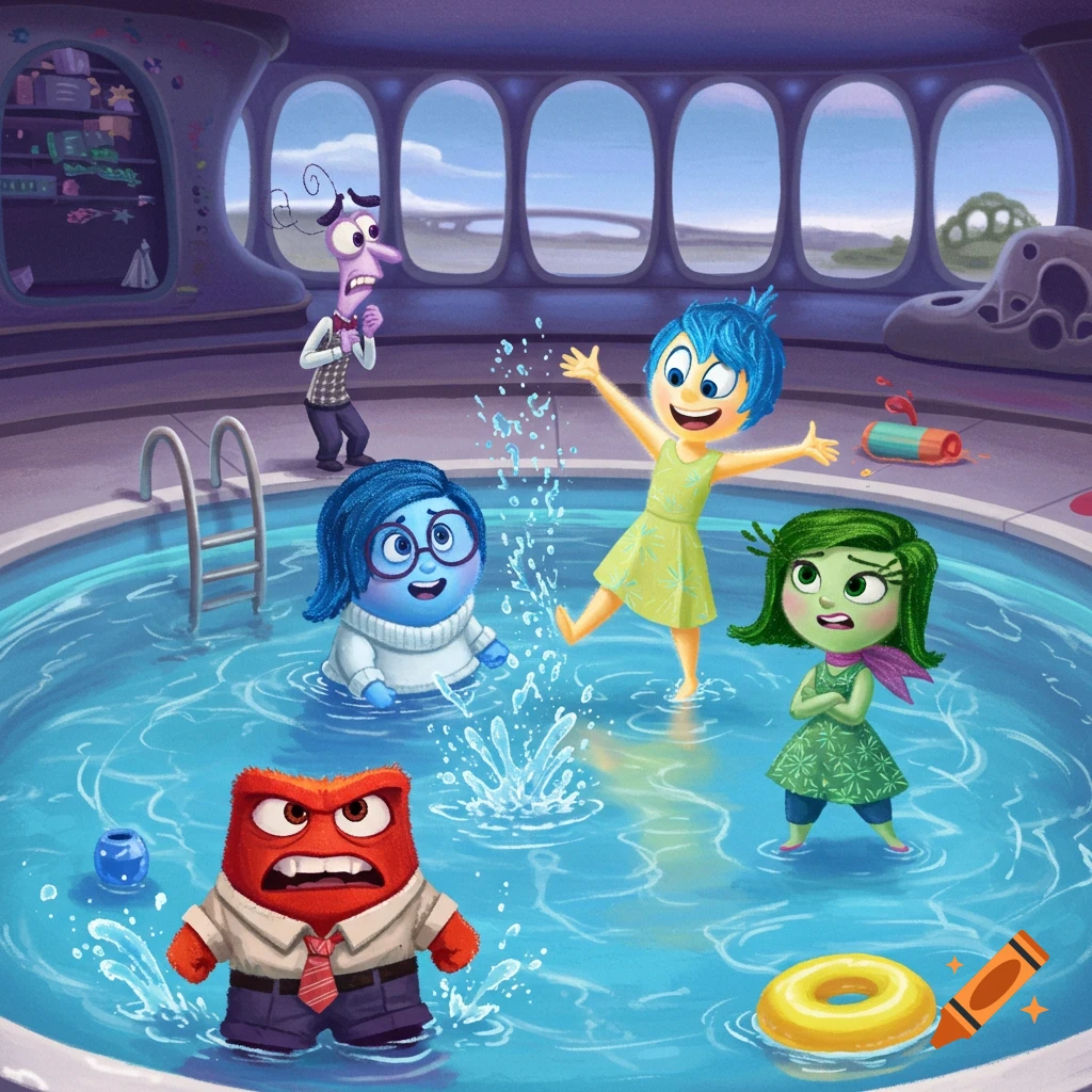 Fear, Sadness, Joy, Disgust, and Anger from Inside Out stand together ...