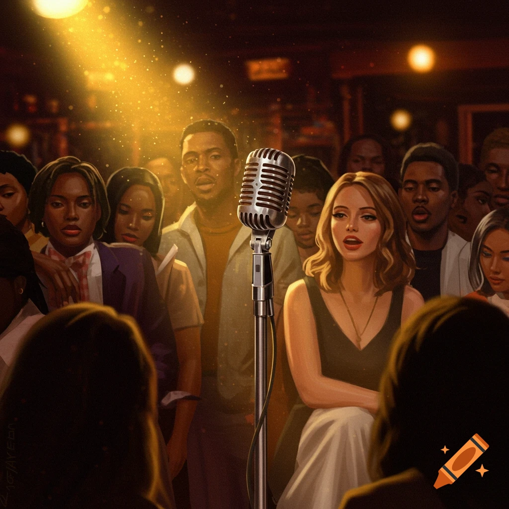 Upscale open mic event with vintage microphone, diverse crowd, warm ...