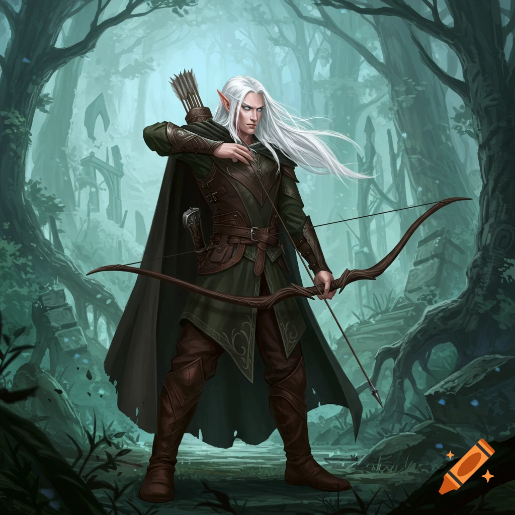 A white-haired male elf archer in a forest, aiming a bow. on Craiyon