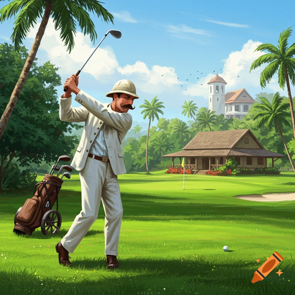 A man in colonial attire swinging a golf club on a tropical golf course ...