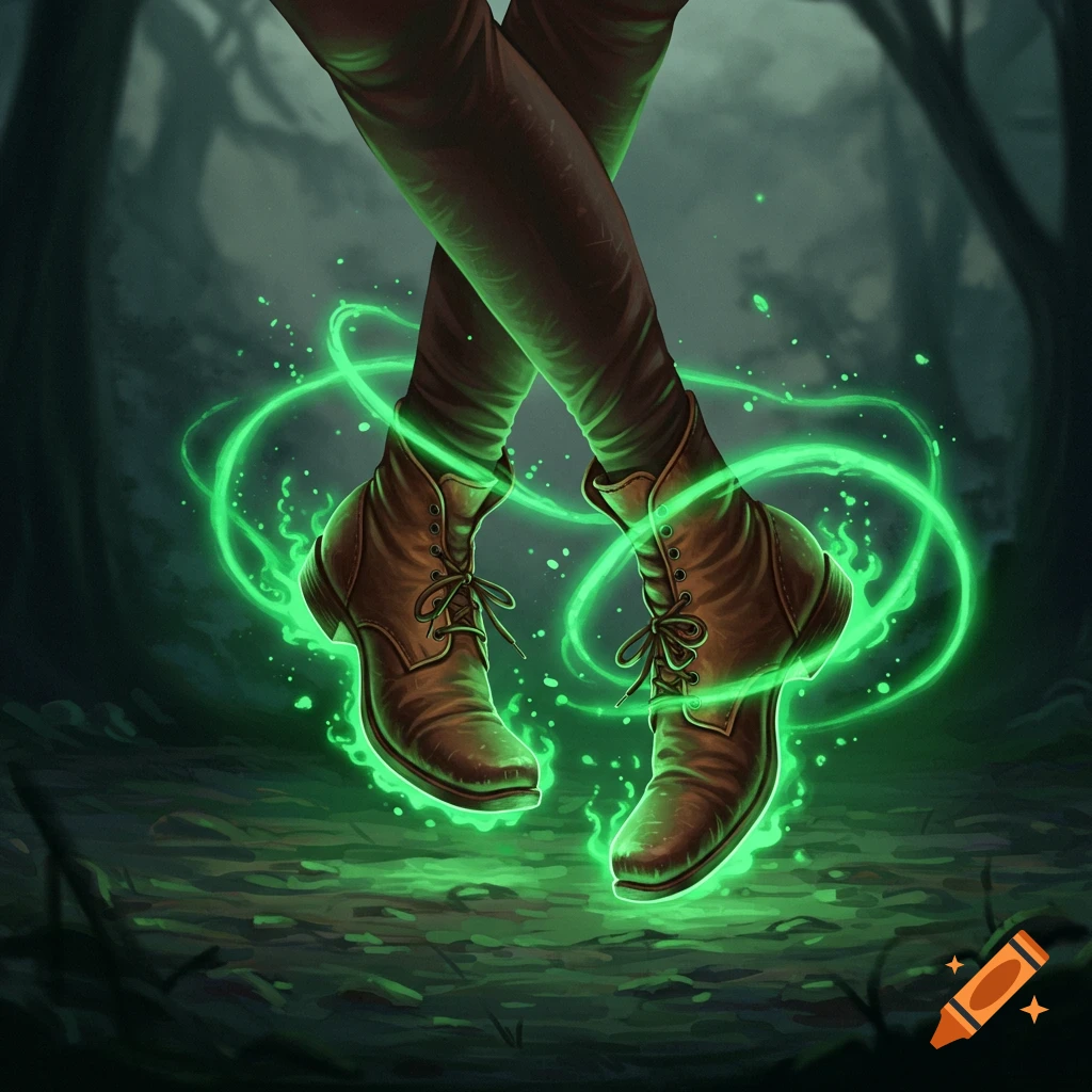 Pair of brown boots floating with green magic in a dark forest. on Craiyon