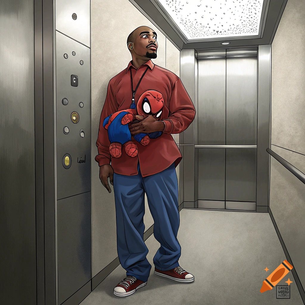 Tupac in elevator with Spider-Man plushie on Craiyon