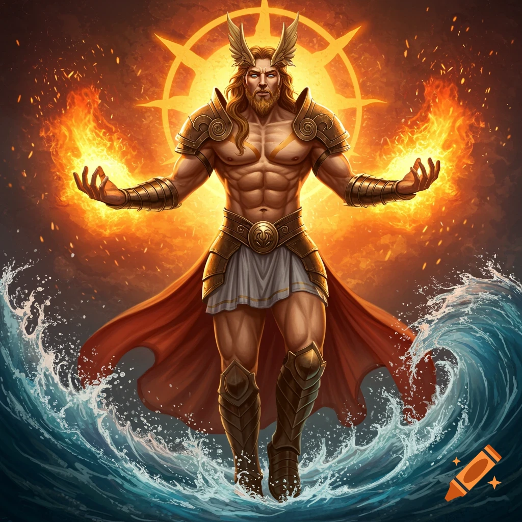 God of The Sun Apollo and Leo in armor surrounded by fire and water on Craiyon