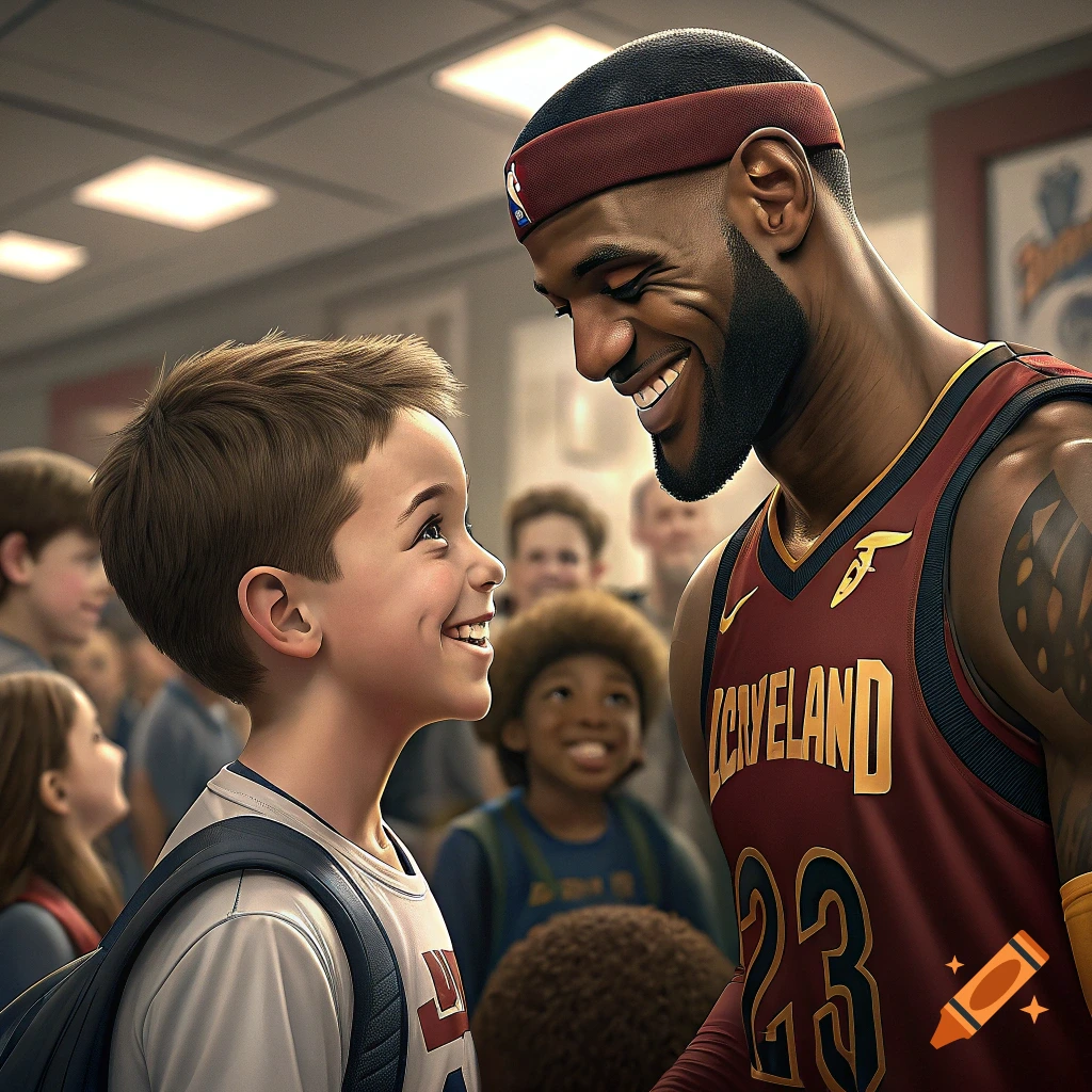 A young boy smiles up at a man resembling LeBron James in a basketball ...