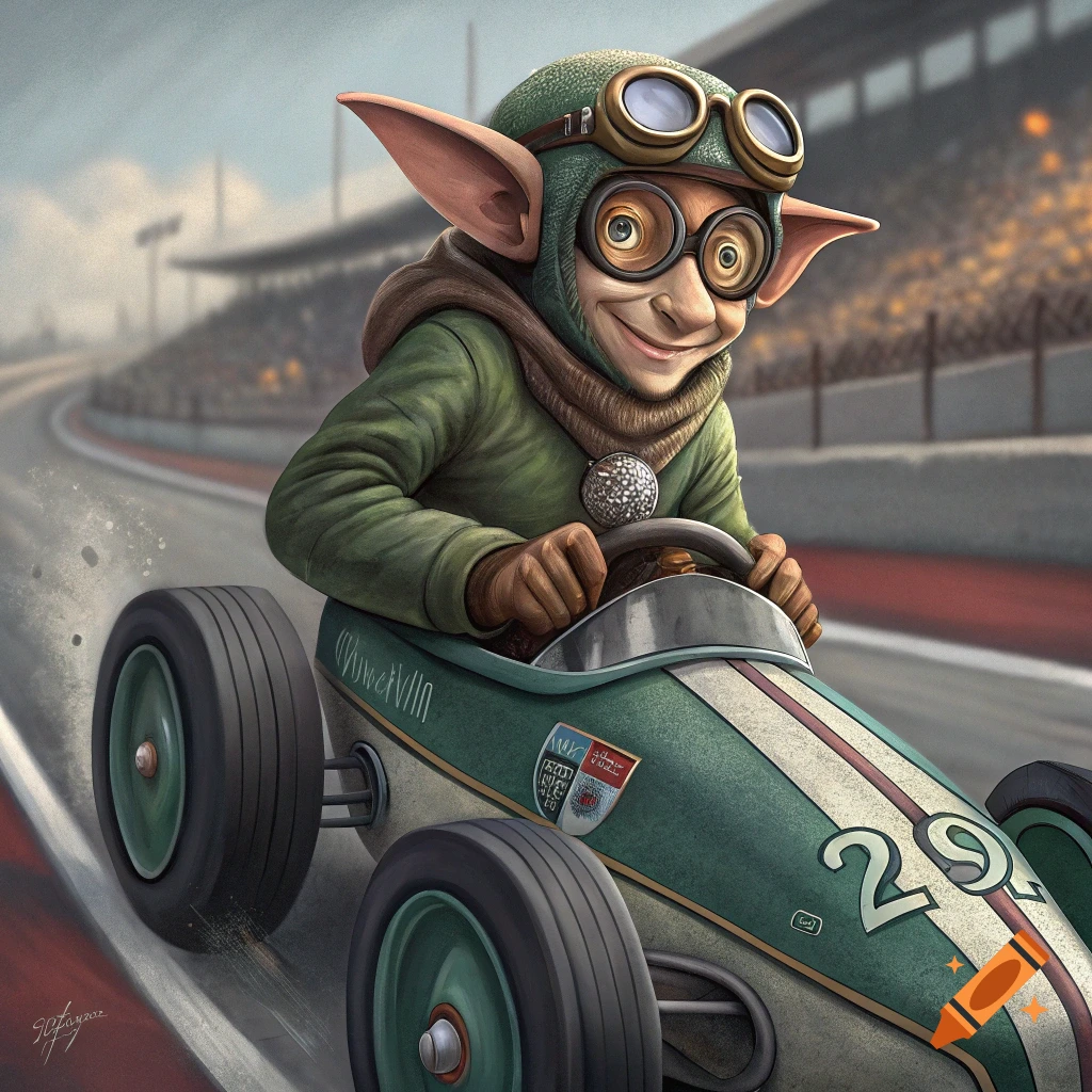Dobby the Elf on a dragster with goggles on Craiyon