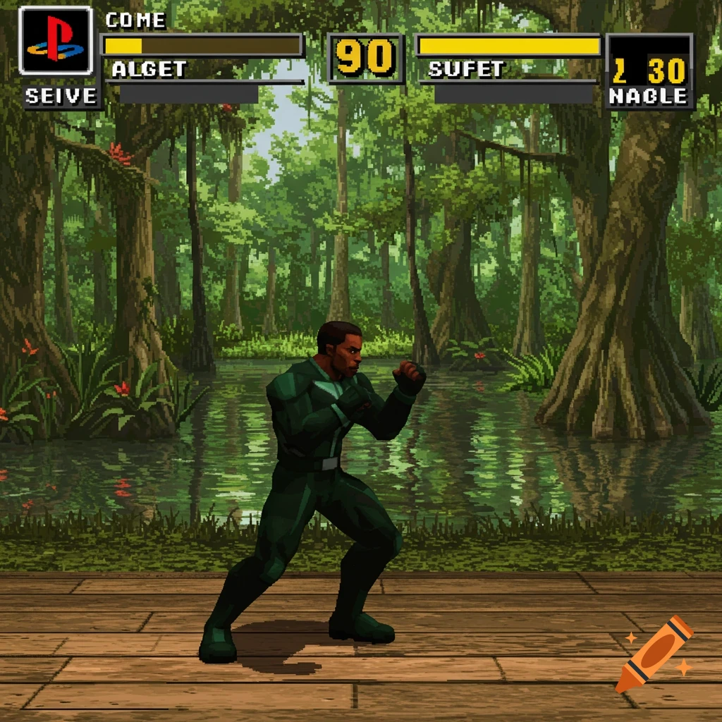 3D fighting game with PS1 graphics featuring a secret agent in a black ...