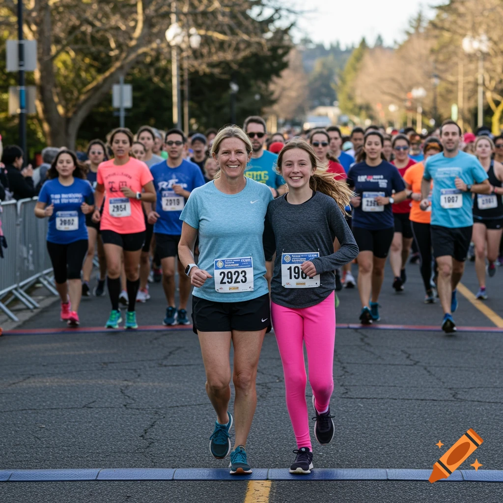 Mother and daughter running together in a race, smiling near the finish ...