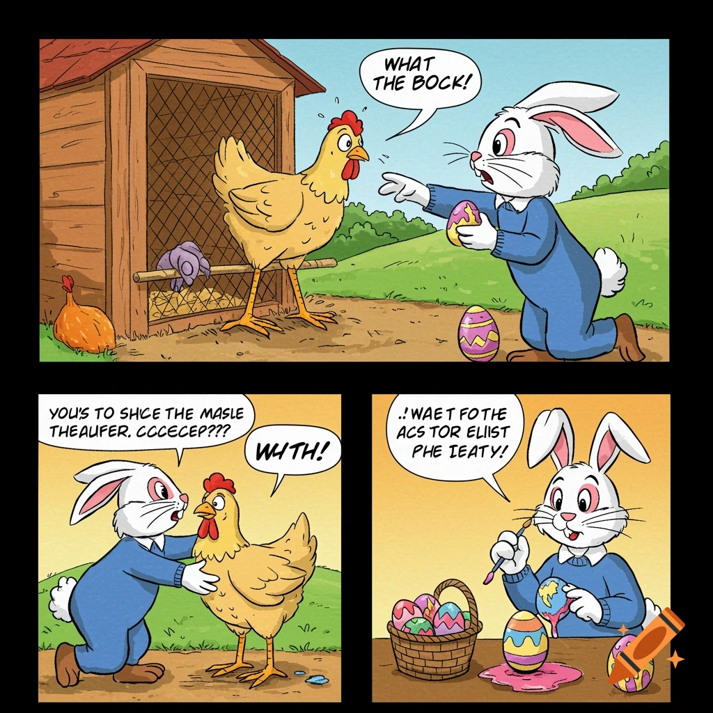 Easter Bunny comic strip with chicken on Craiyon