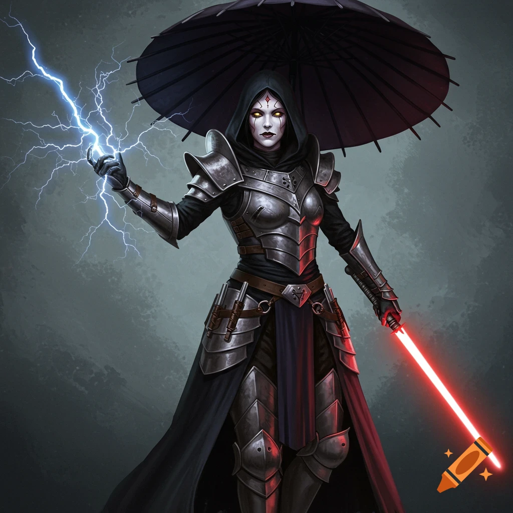 Sith Witch character portrait in gunmetal armor with a lightsaber ...