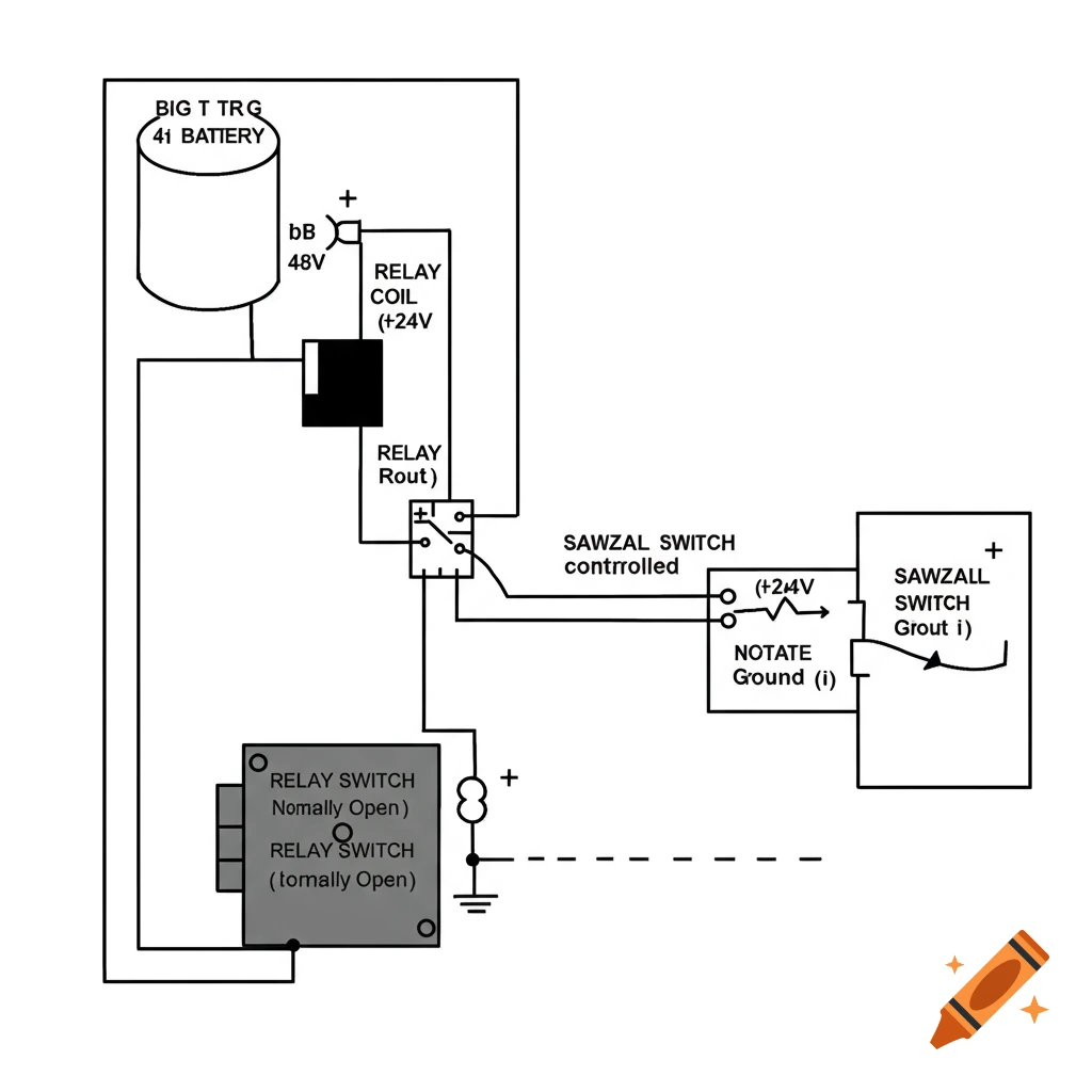 Electronics diagram featuring a 48V battery, relay switch, motor, and ...