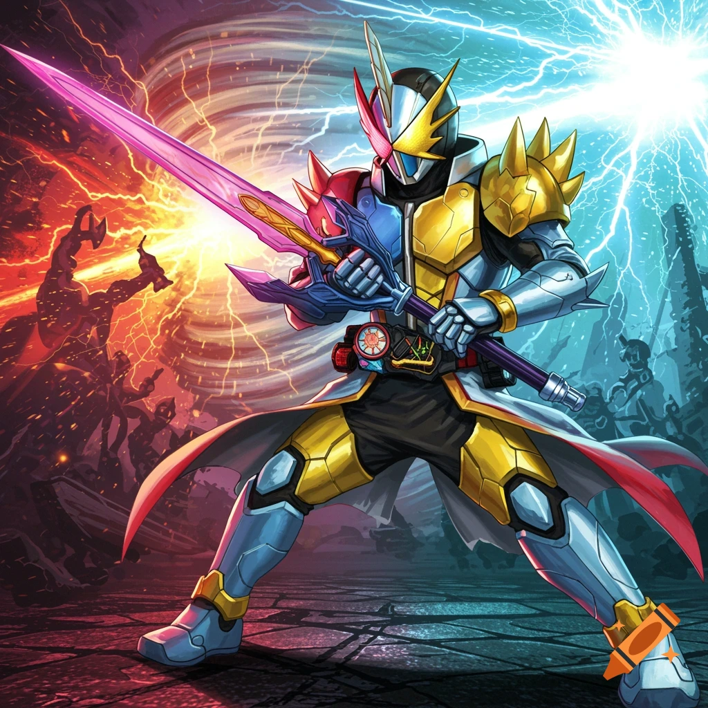 Kamen Rider stands with a sword in a cyberpunk city at dusk in comic ...