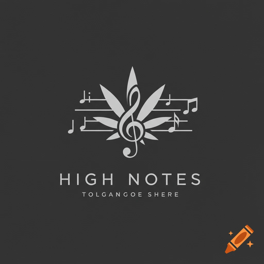 Greyscale logo with a cannabis leaf, music staff, and treble clef. Text ...