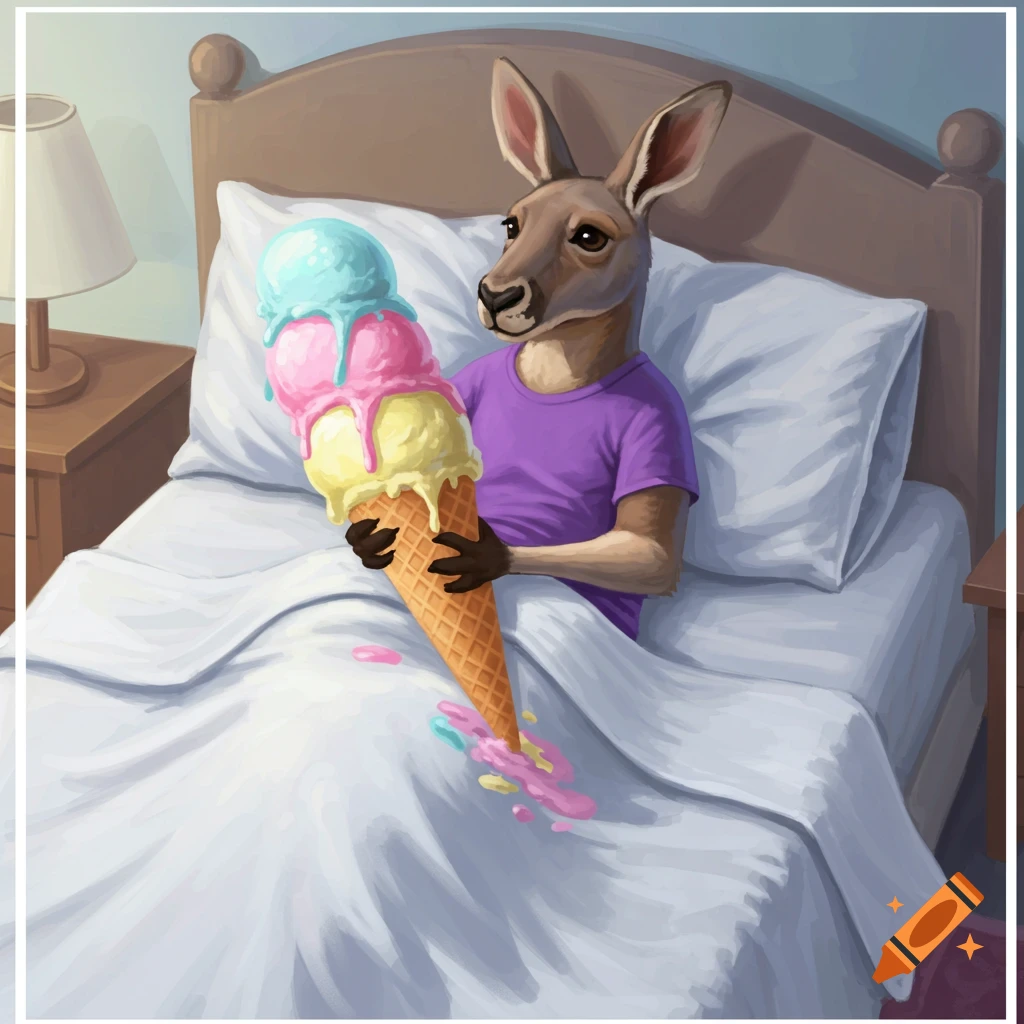 A kangaroo in a purple shirt sitting in bed, holding a large ice cream ...