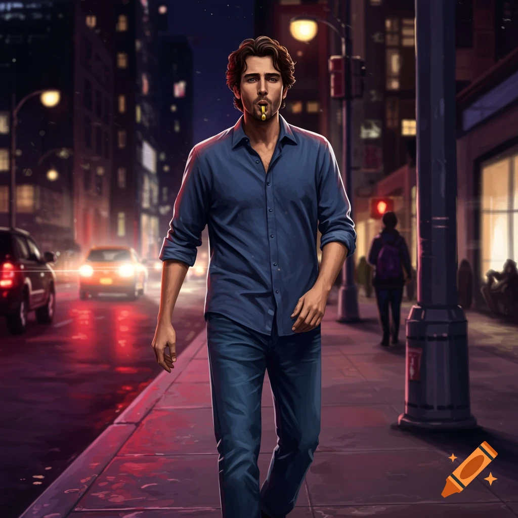 Man walking down city sidewalk at night on Craiyon