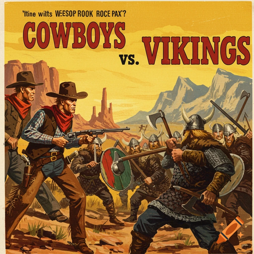 60s movie poster, cowboys vs. vikings on Craiyon