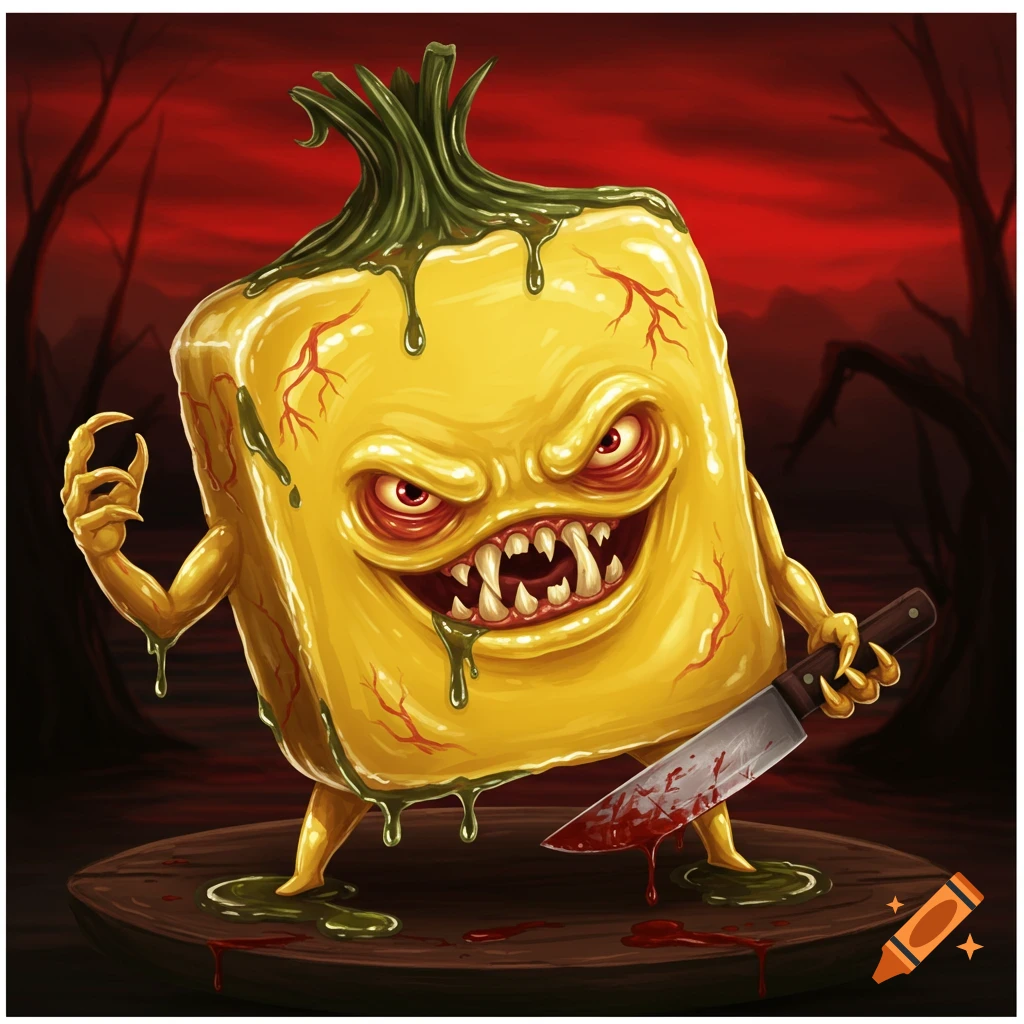 A menacing yellow cube creature with sharp teeth, wielding a bloody ...