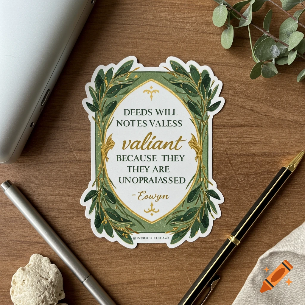 Elegant sticker design with Tolkien quote inspired by Eowyn, soft golds ...