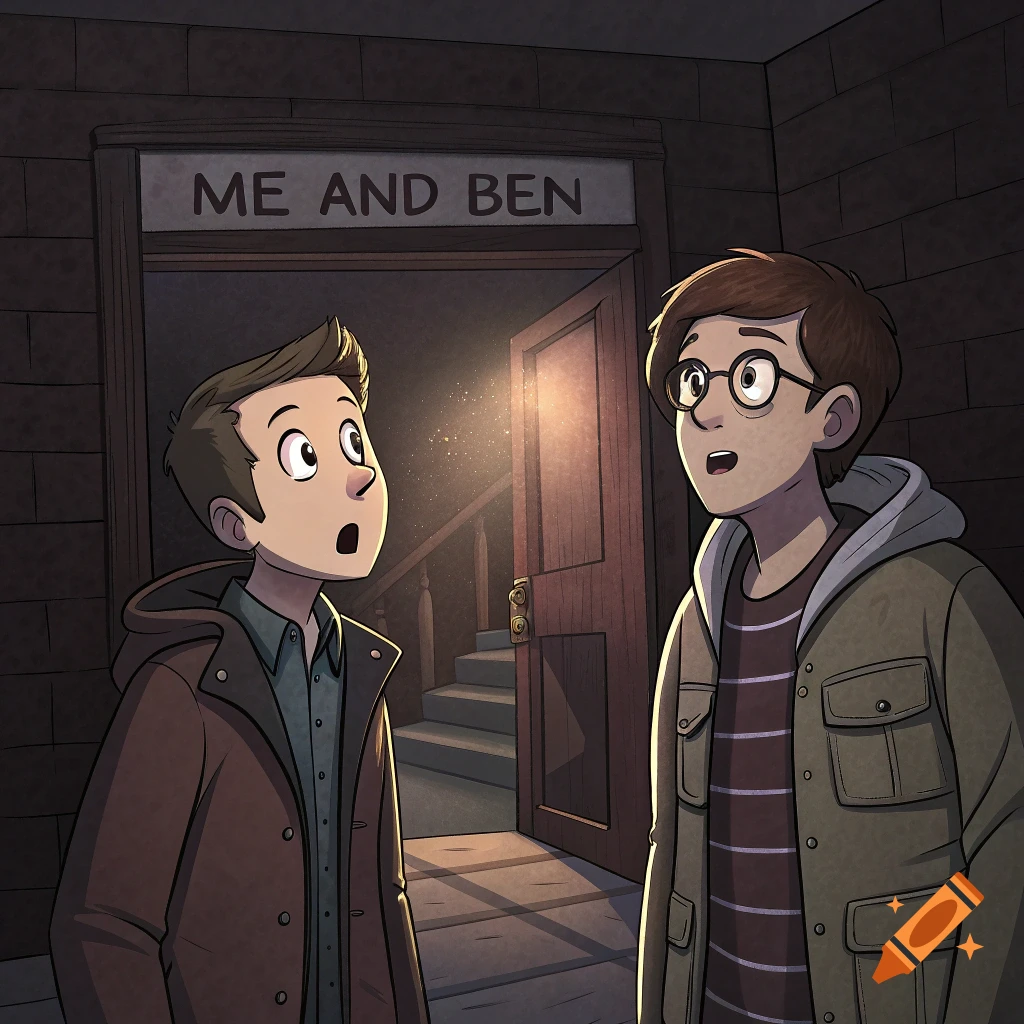 Cartoon illustration of two boys looking surprised by a door with a 'ME ...