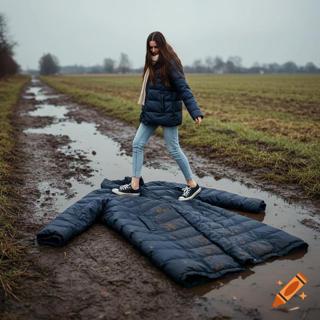 Woman standing on a puffer coat in a mud puddle on Craiyon