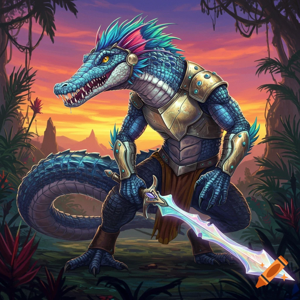 A bipedal crocodile creature in armor holding a glowing sword in a ...