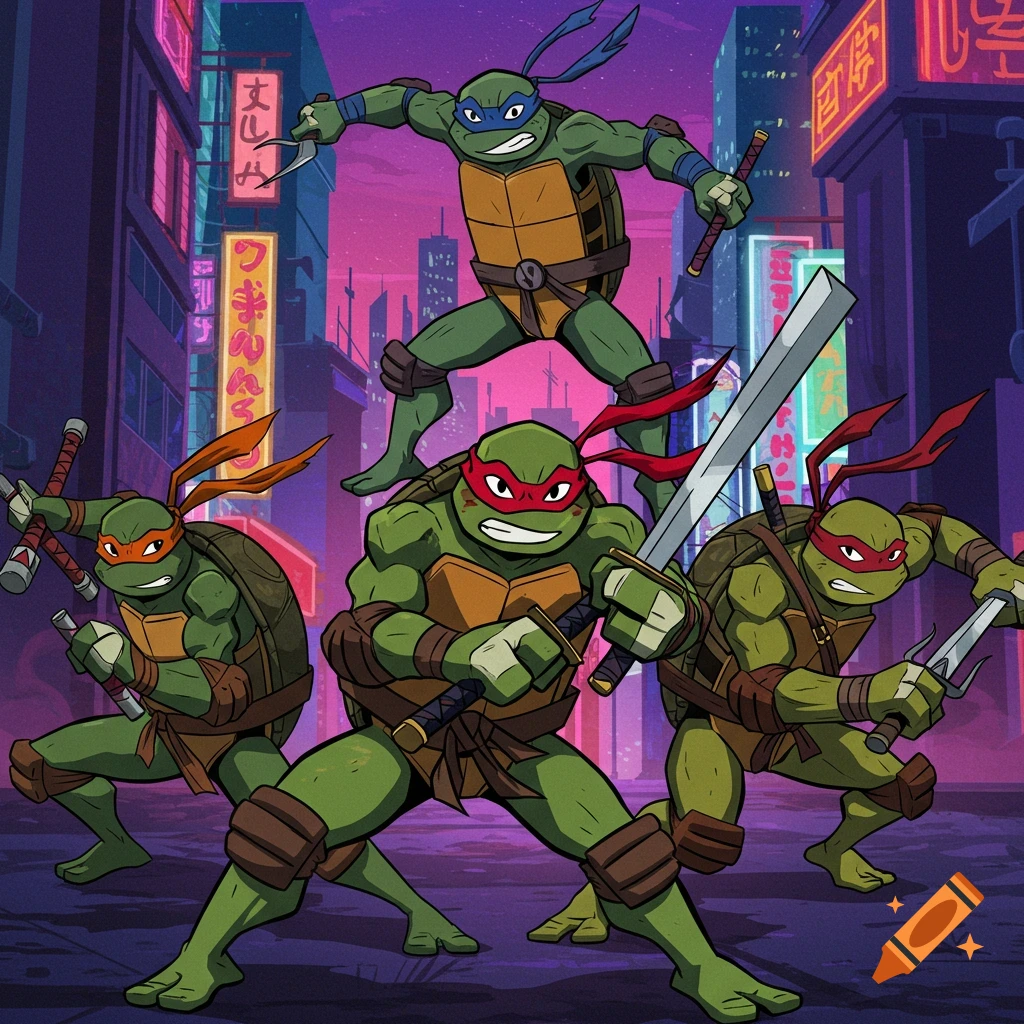 Four Teenage Mutant Ninja Turtles in action poses on a street at night ...