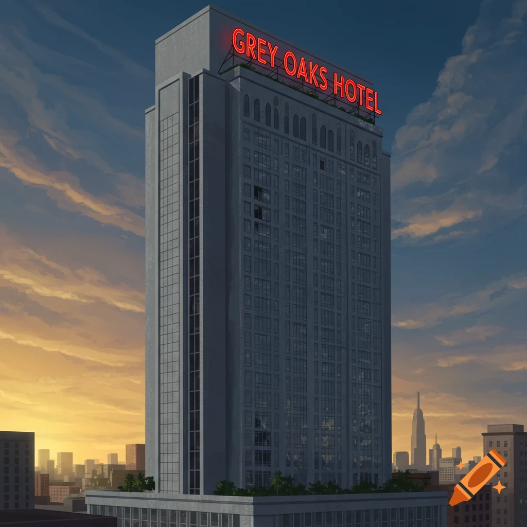 A tall grey hotel building with a red sign. on Craiyon